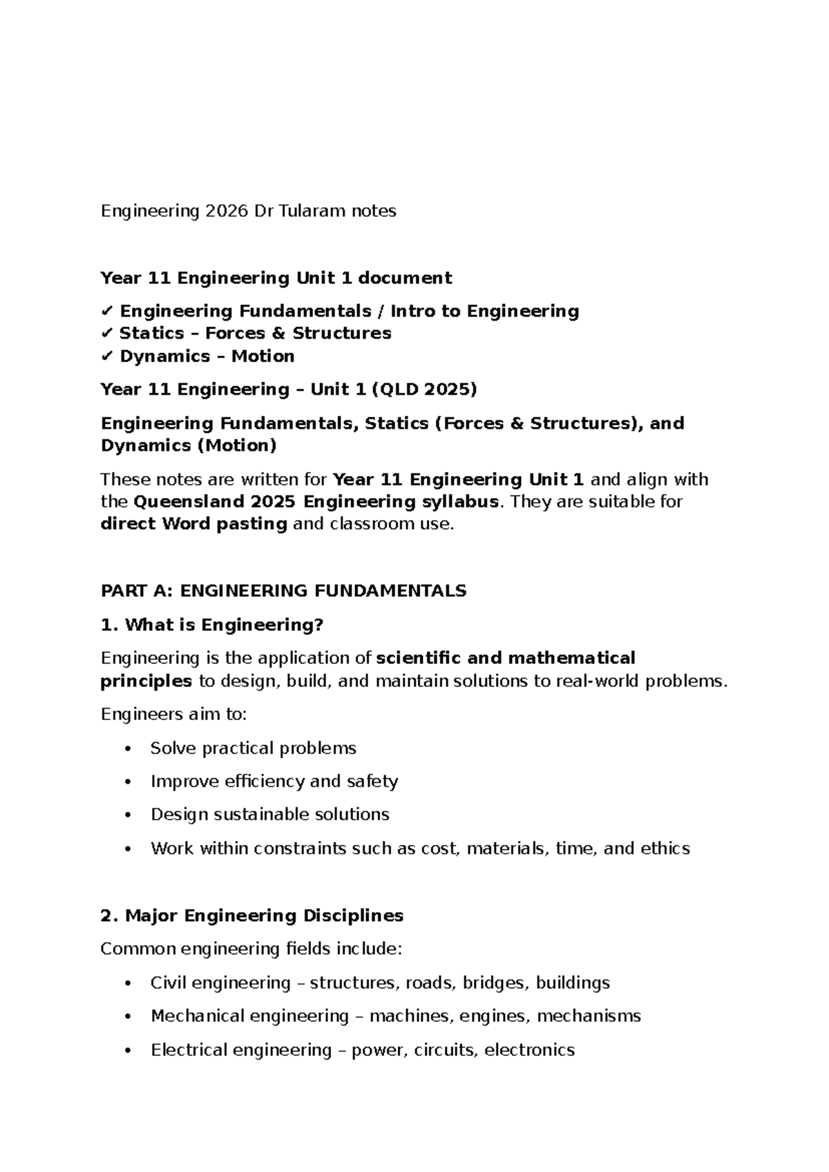 Year 11 Engineering Unit 1 Notes (QLD 2025) - Fundamentals & Statics ...