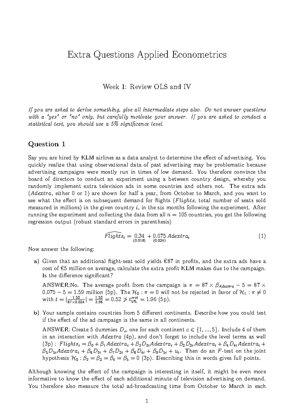 Applied Econometrics Tutorial: Extra Questions (Week 1) - Studeersnel