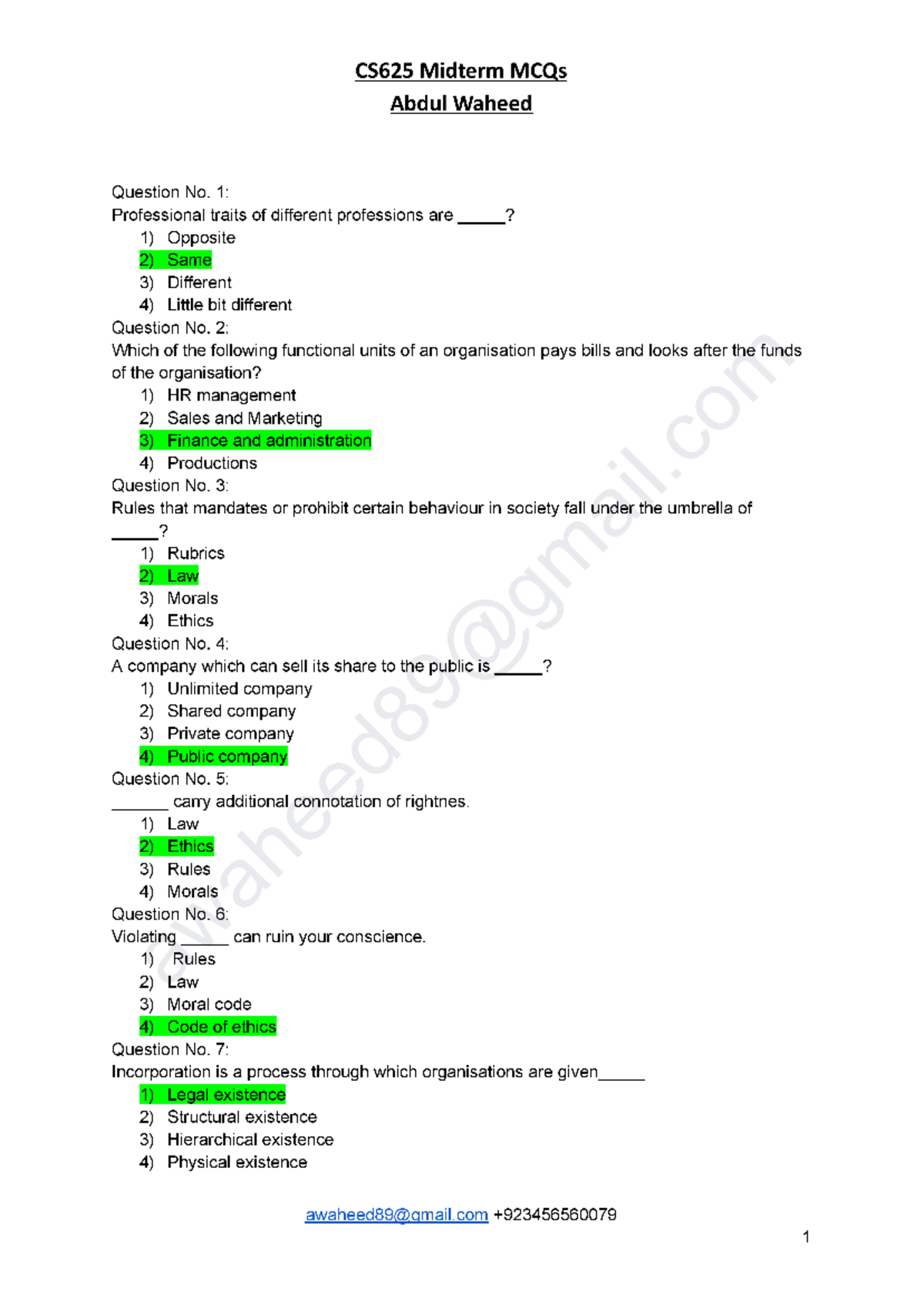 CS625 Midterm MCQs Compilation by Abdul Waheed - Studocu