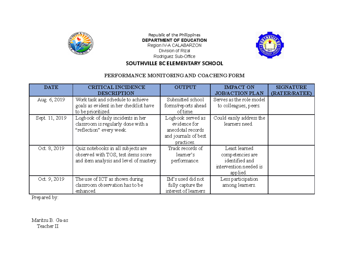 ( Sample) Performance Monitoring AND Coaching FORM - Republic of the ...