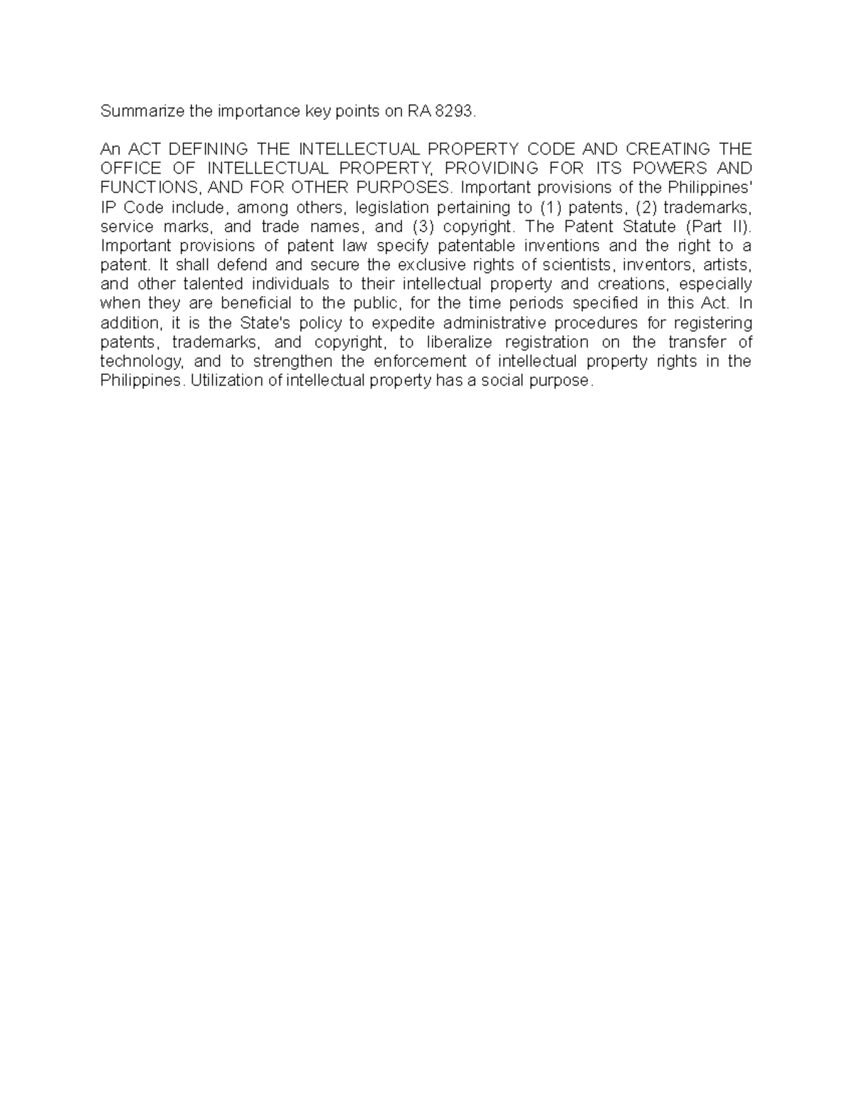 RA 8293 - Key Points Summary on the Importance of Intellectual Property ...