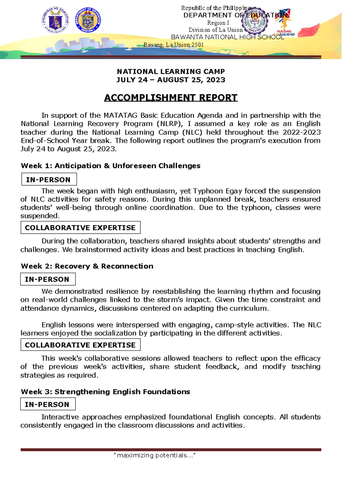 NLC Accomplishment Report: Insights from the National Learning Camp ...