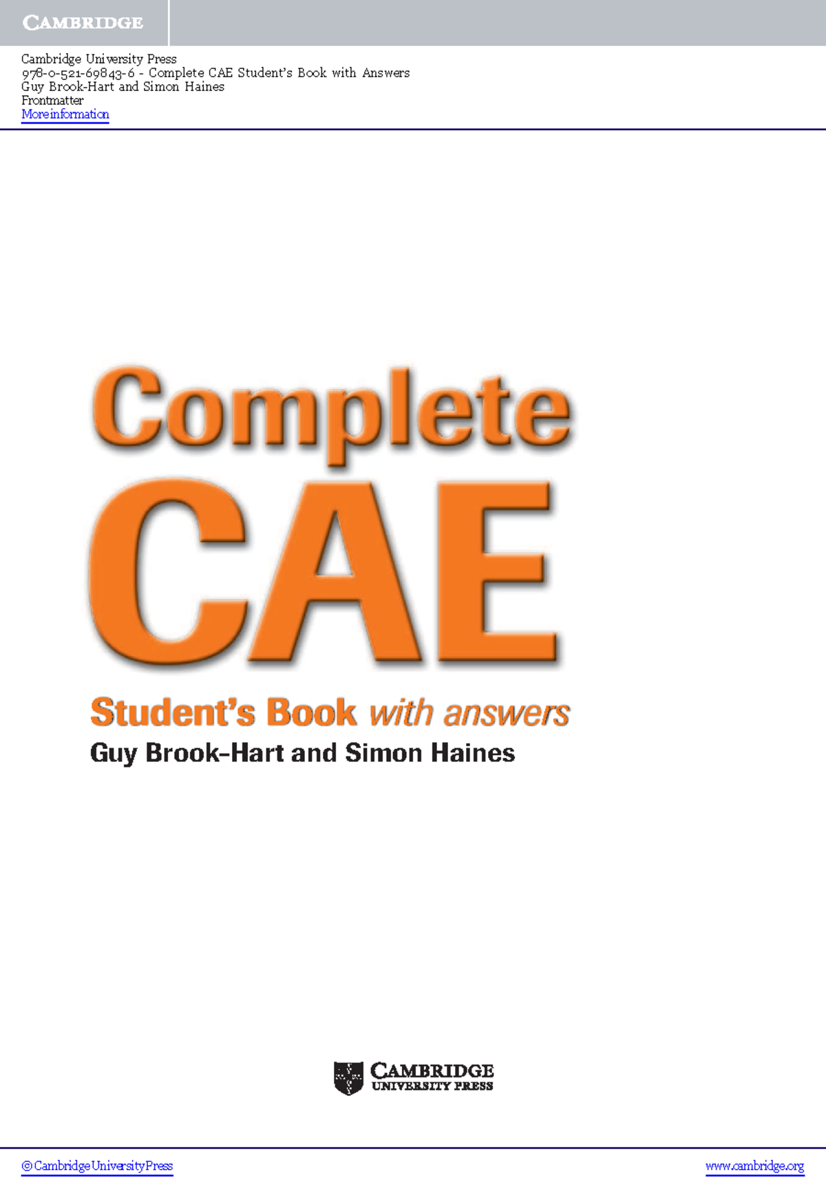 Complete CAE Student's Book (with Answers) by Brook-Hart & Haines - Studocu