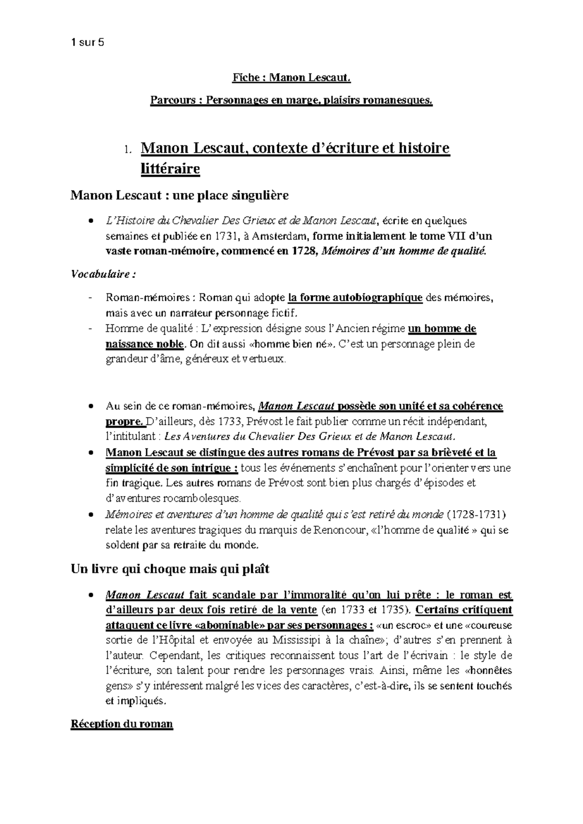 Fiche de Lecture : Manon Lescaut - Parcours Romanesque (LIT101) - Studocu