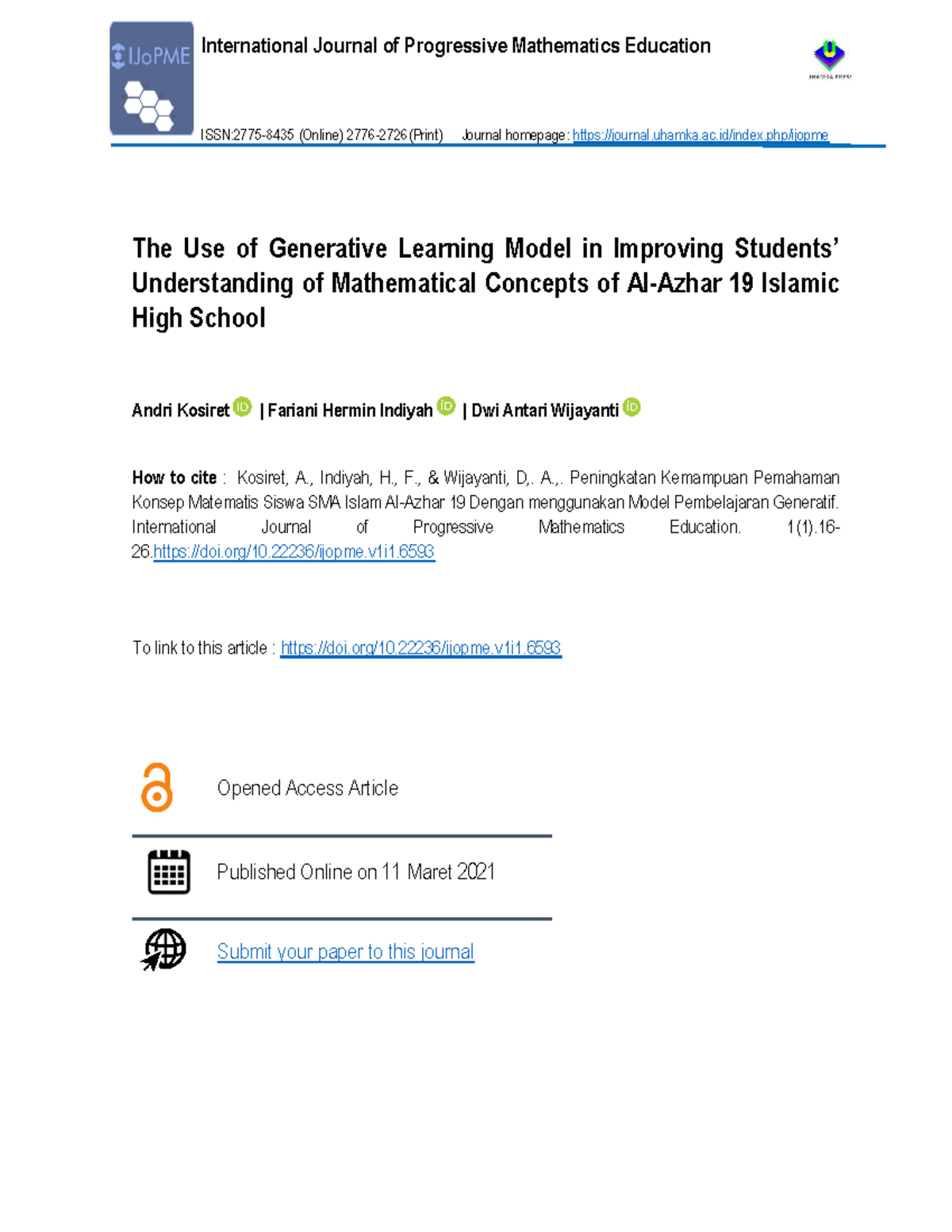 The Use of Generative Learning Model in Improving Students ...