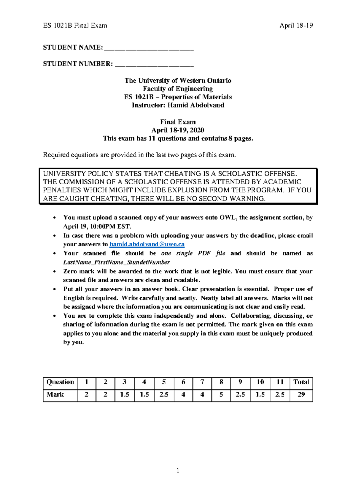 ES 1021B Final Exam April 2020 - Properties of Materials - Studocu