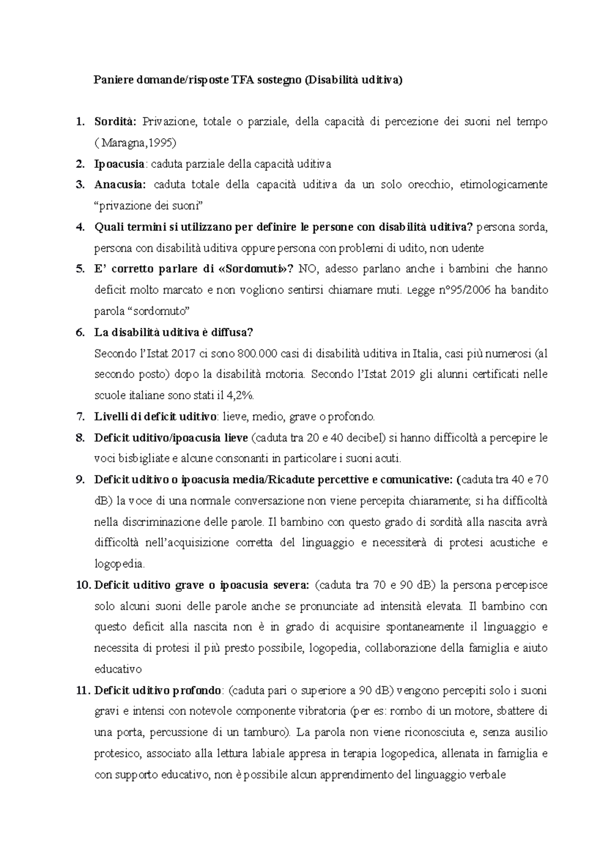 Paniere Disabilità uditiva TFA sostegno - Paniere domande/risposte TFA sostegno (Disabilità ...