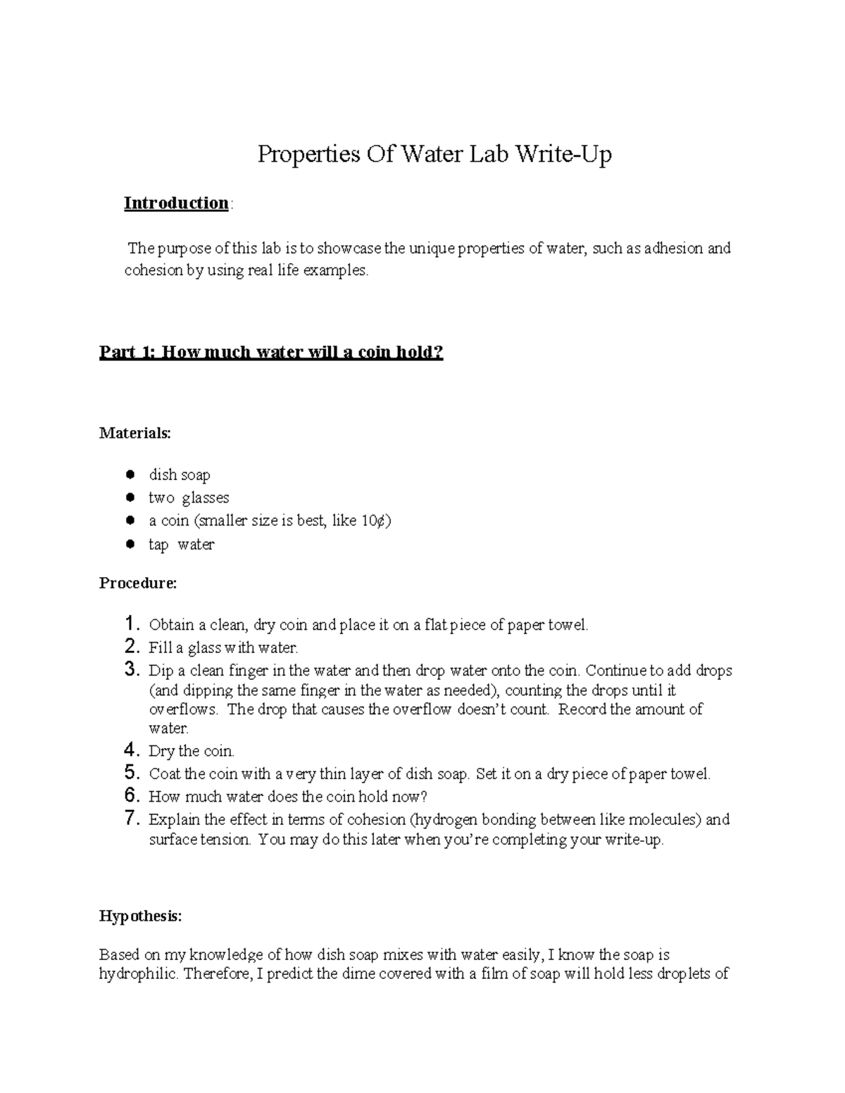 Properties of Water Lab (BIO 101): Exploring Unique Characteristics ...