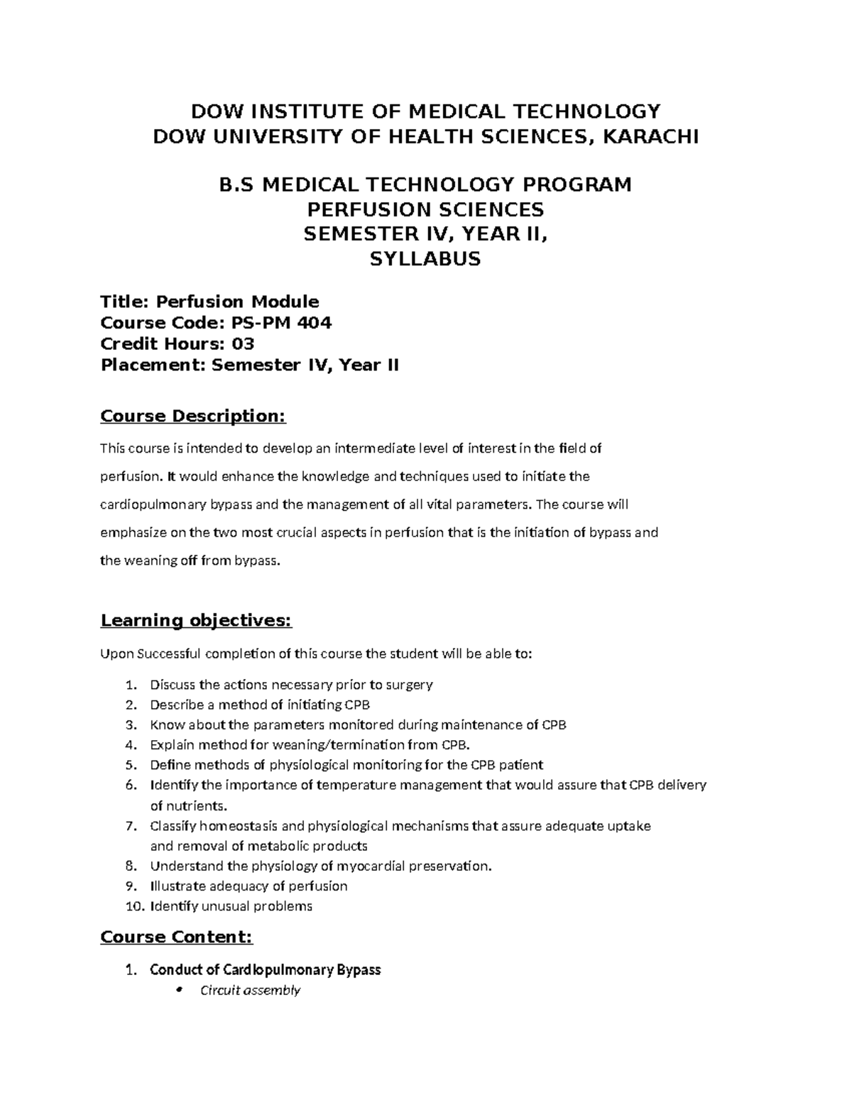Perfusion Module Syllabus for B.S. Medical Technology (PS-PM 404) - Studocu