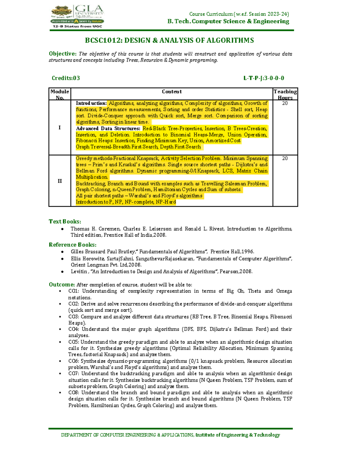 BCSC1012: Design and Analysis of Algorithms Syllabus - Studocu