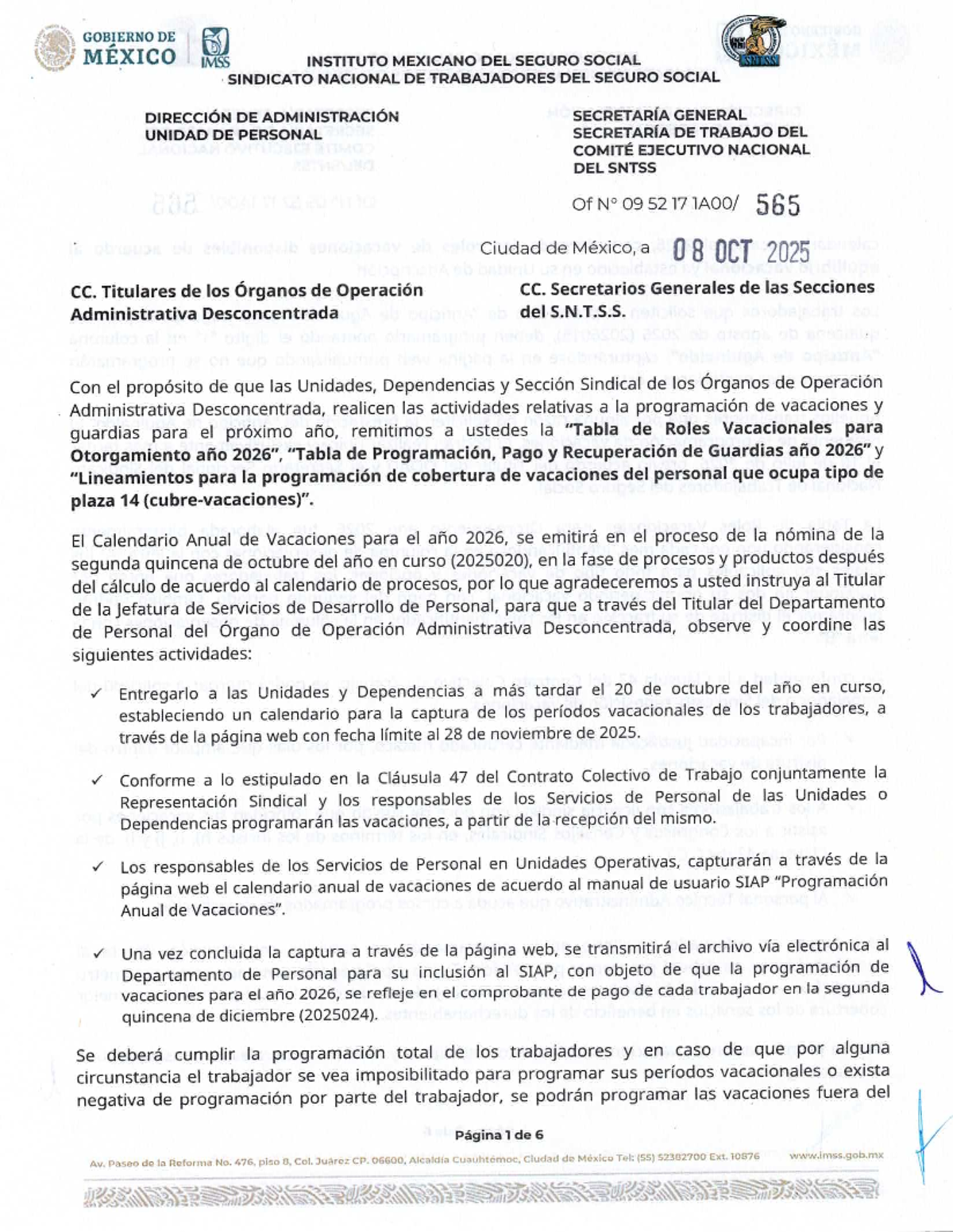 Oficio 565 Lineamientos Para Roles Vacacionales 2026 Imss Sntss