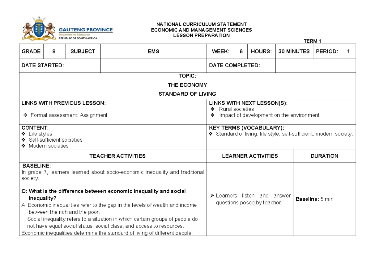 NATIONAL CURRICULUM EMS GRADE 8 LESSON PLAN: PRODUCTIVE USE OF ...