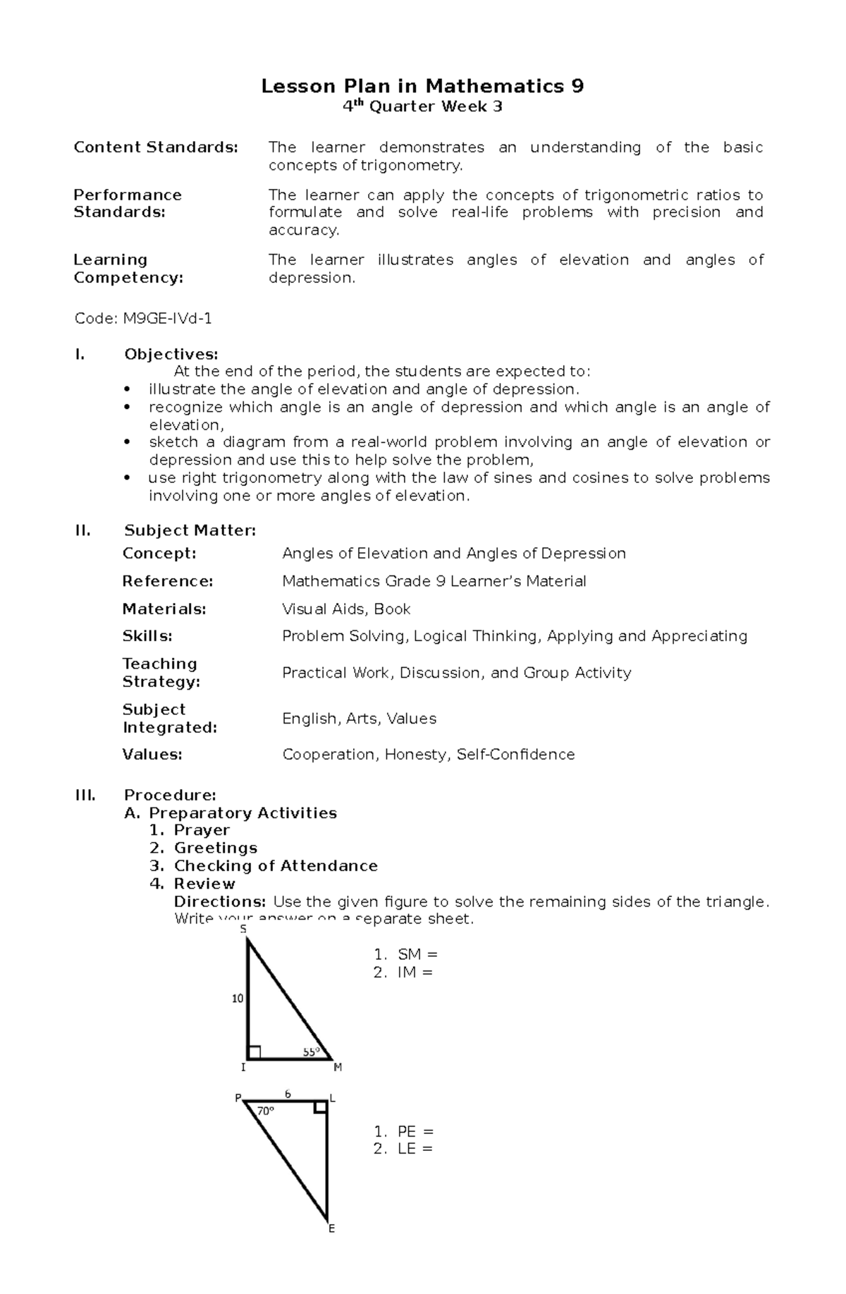 Mathematics 9 Lesson Plan: Trigonometric Ratios Q4W3 (M9GE-IVd-) - Studocu