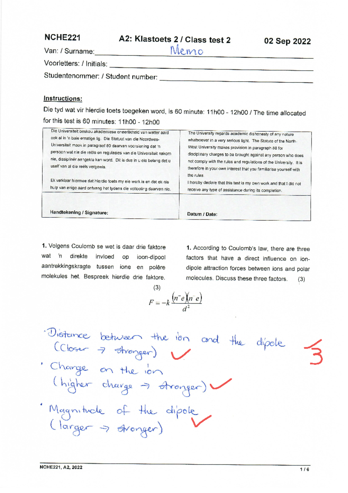 NCHE221 A2: Class Test 2 Memo - September 2022 Analysis - Studocu