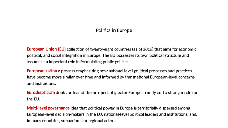 Politics in Europe - Comprehensive Lecture Notes on EU Integration ...