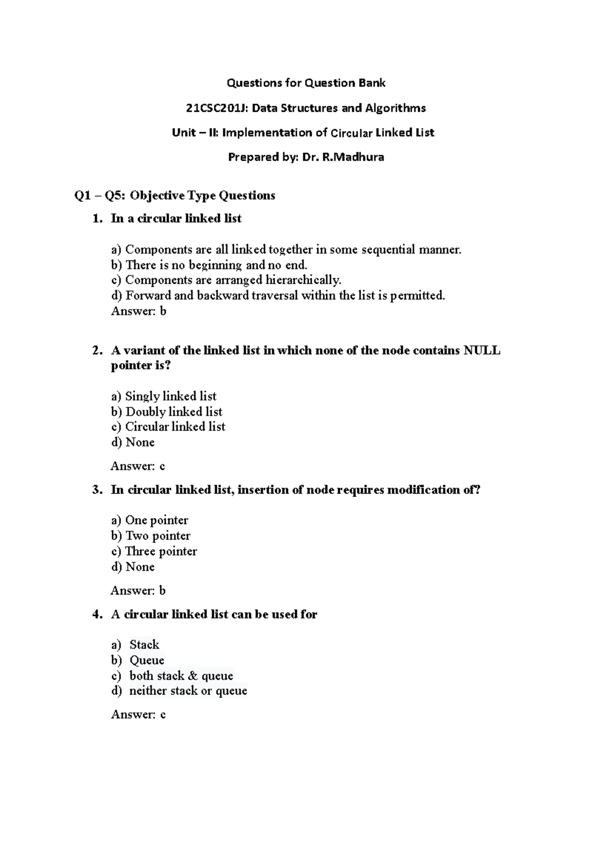 Circular Linked LIST QB - Questions for Question Bank 21CSC201J: Data Structures and Algorithms ...