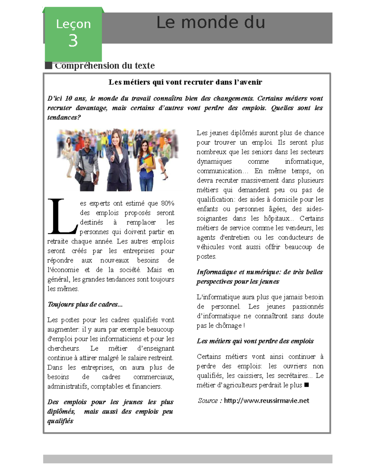 Theme 3 Le monde du travail Anh Dao - Compréhension du texte Les ...