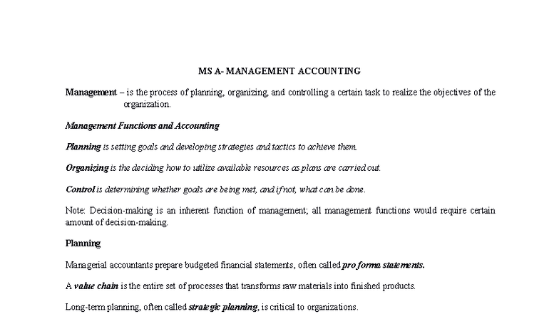 MS MANAGEMENT ACCOUNTING: Key Concepts and Functions Overview - Studocu