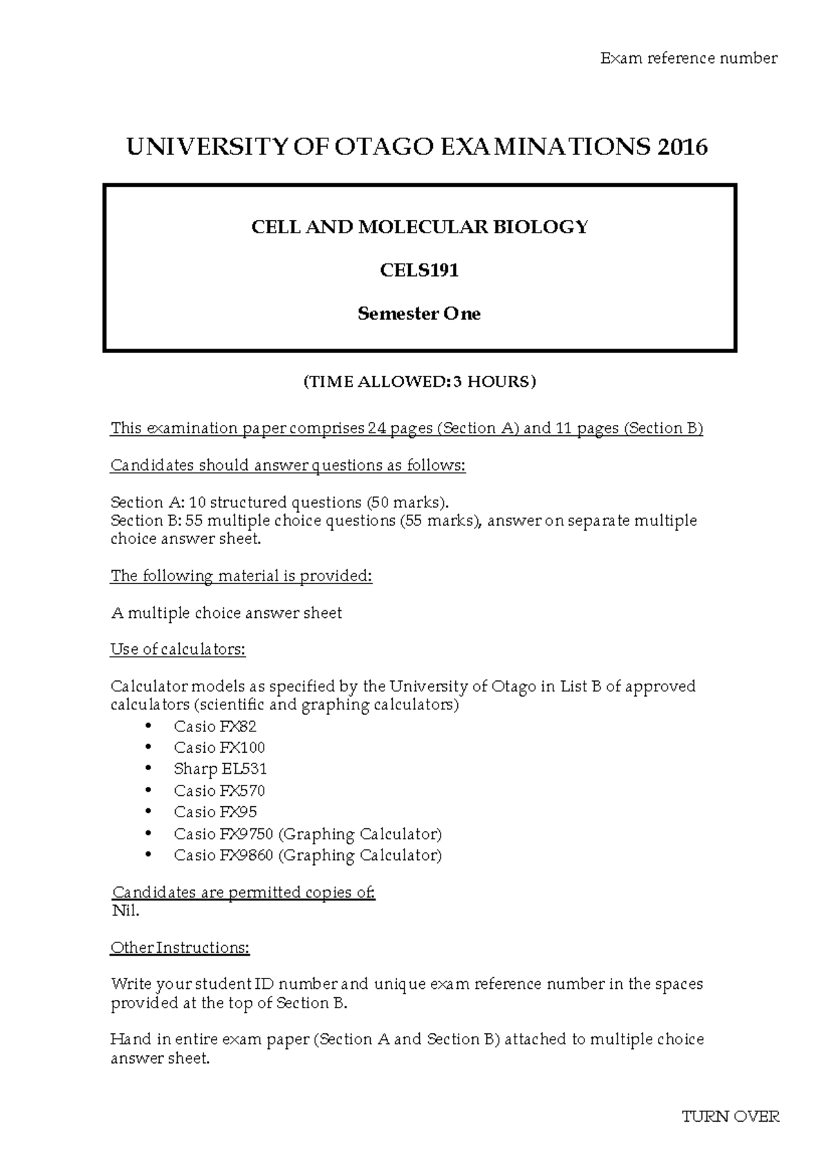 CELS191 2016 S1 Final Exam - Cell and Molecular Biology MCQs - Studocu