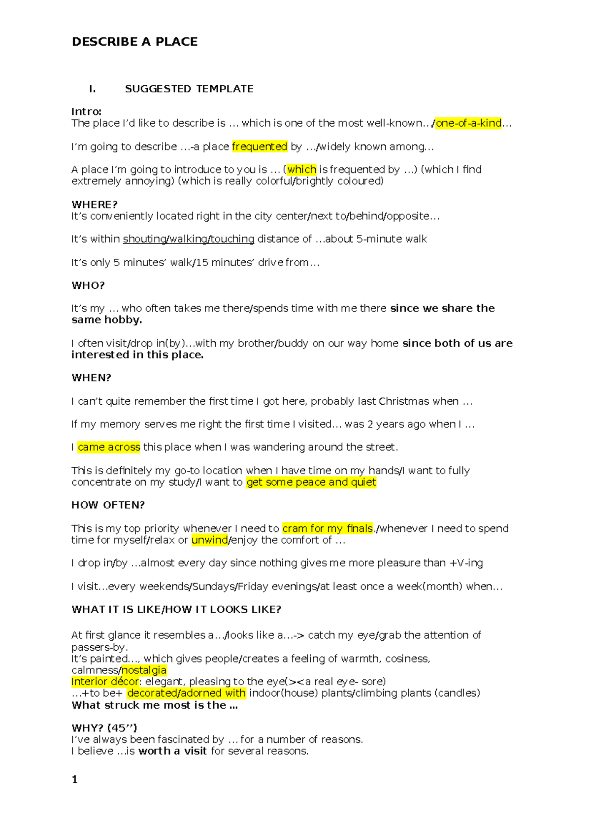 Suggested Template for Describing a Place: I - Studocu