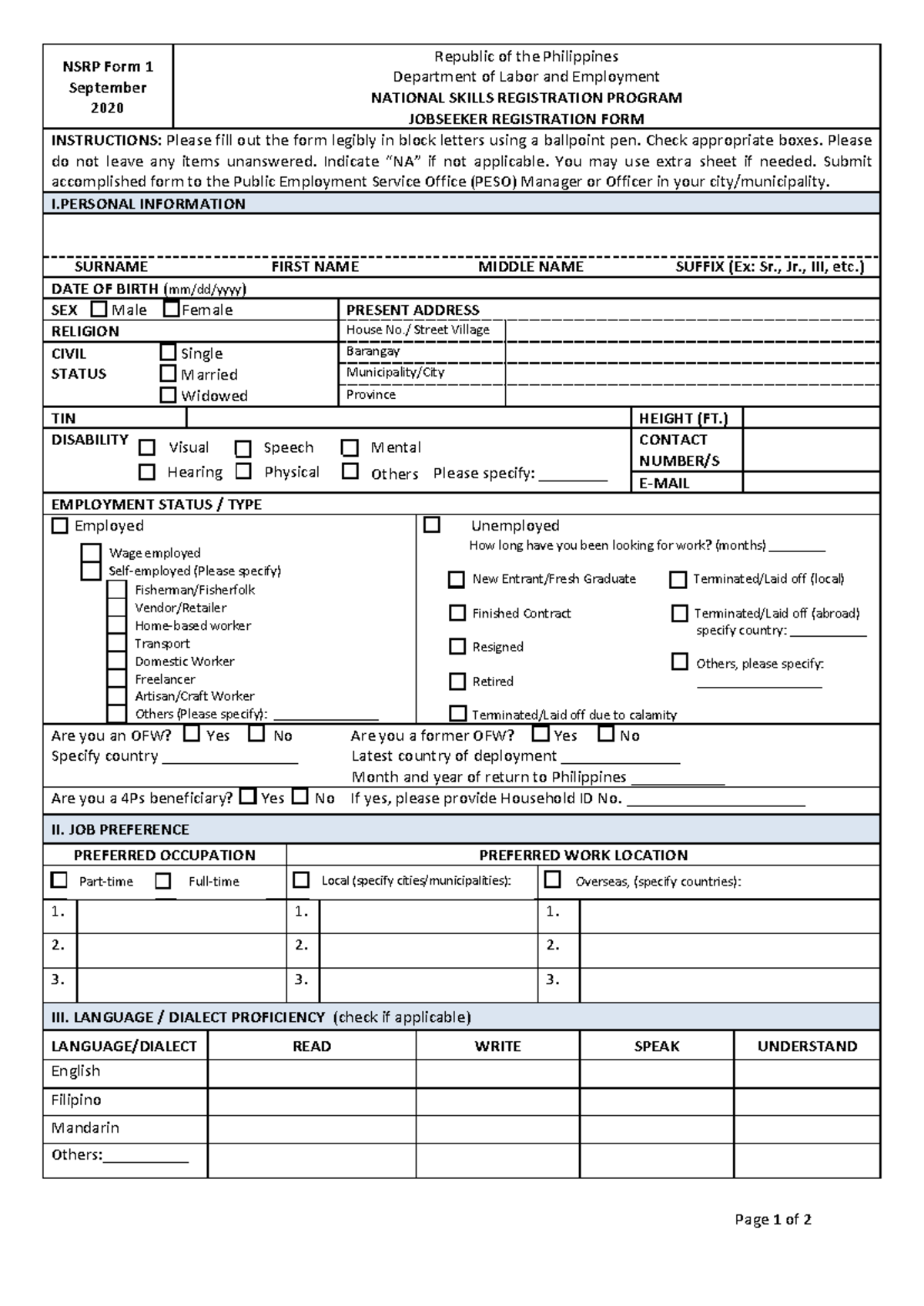 NSRP Jobseeker Registration Form Instructions - September 2020 - Studocu