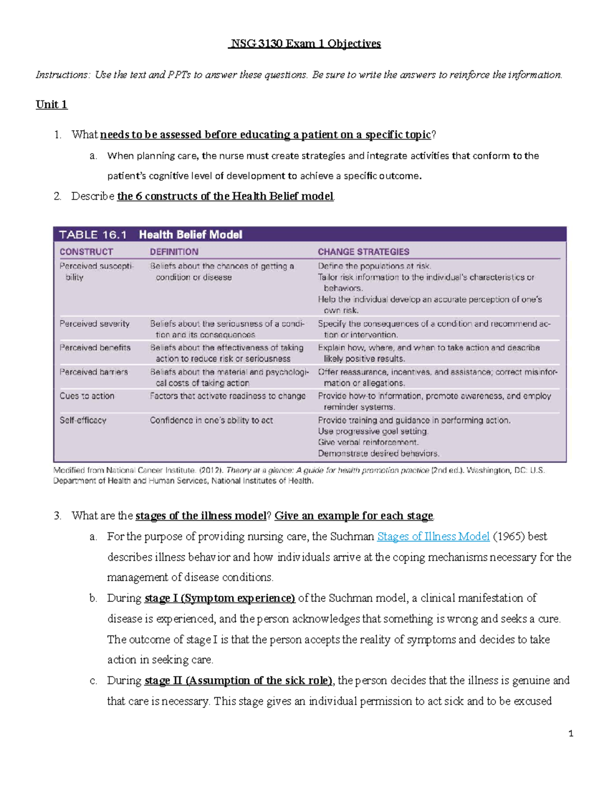 NSG 3130 Exam 1 Study Guide: Key Concepts and Objectives - Studocu