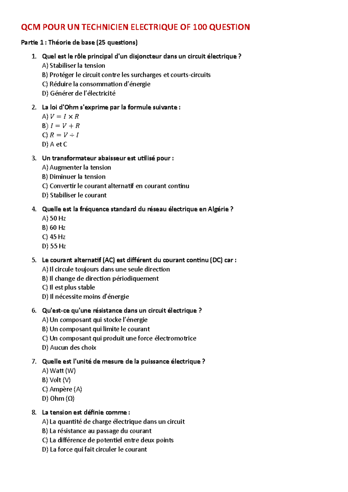 QCM 100 Questions pour Technicien Électrique - Partie Théorique et ...
