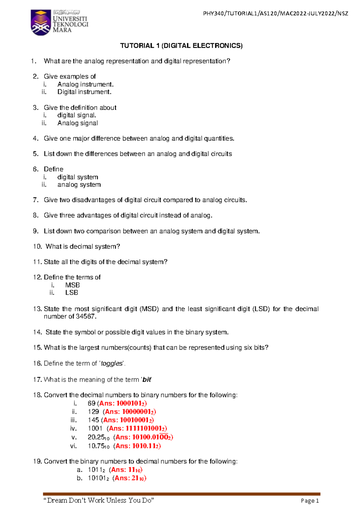 PHY340 - Tutorial 1: Analog vs Digital Representations and Systems ...