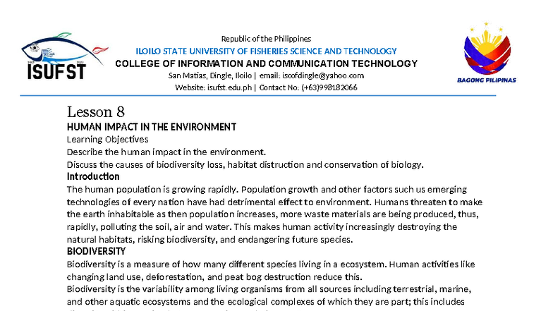 HARD COPY: Lesson 8 - Human Impact on the Environment (ICT 101) - Studocu