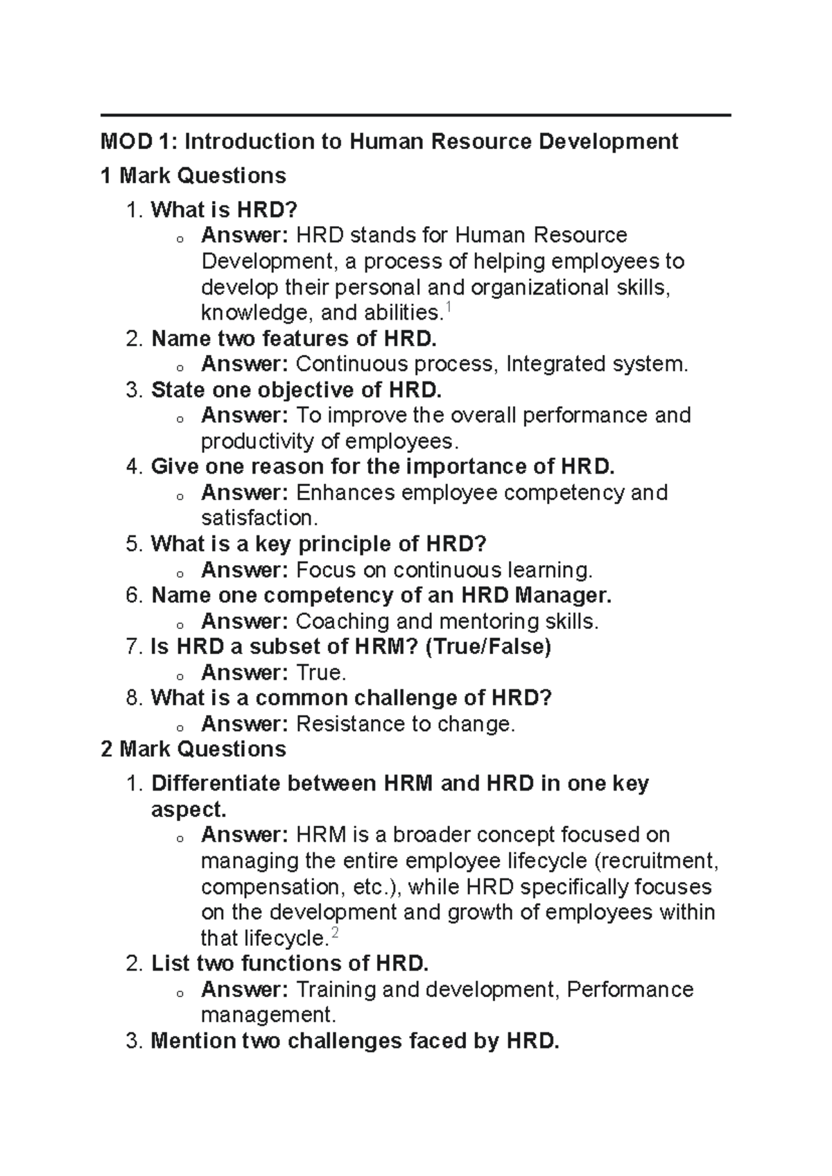 MOD 1: HRD Introduction - Key Concepts & 1 Mark Q&A Notes - Studocu