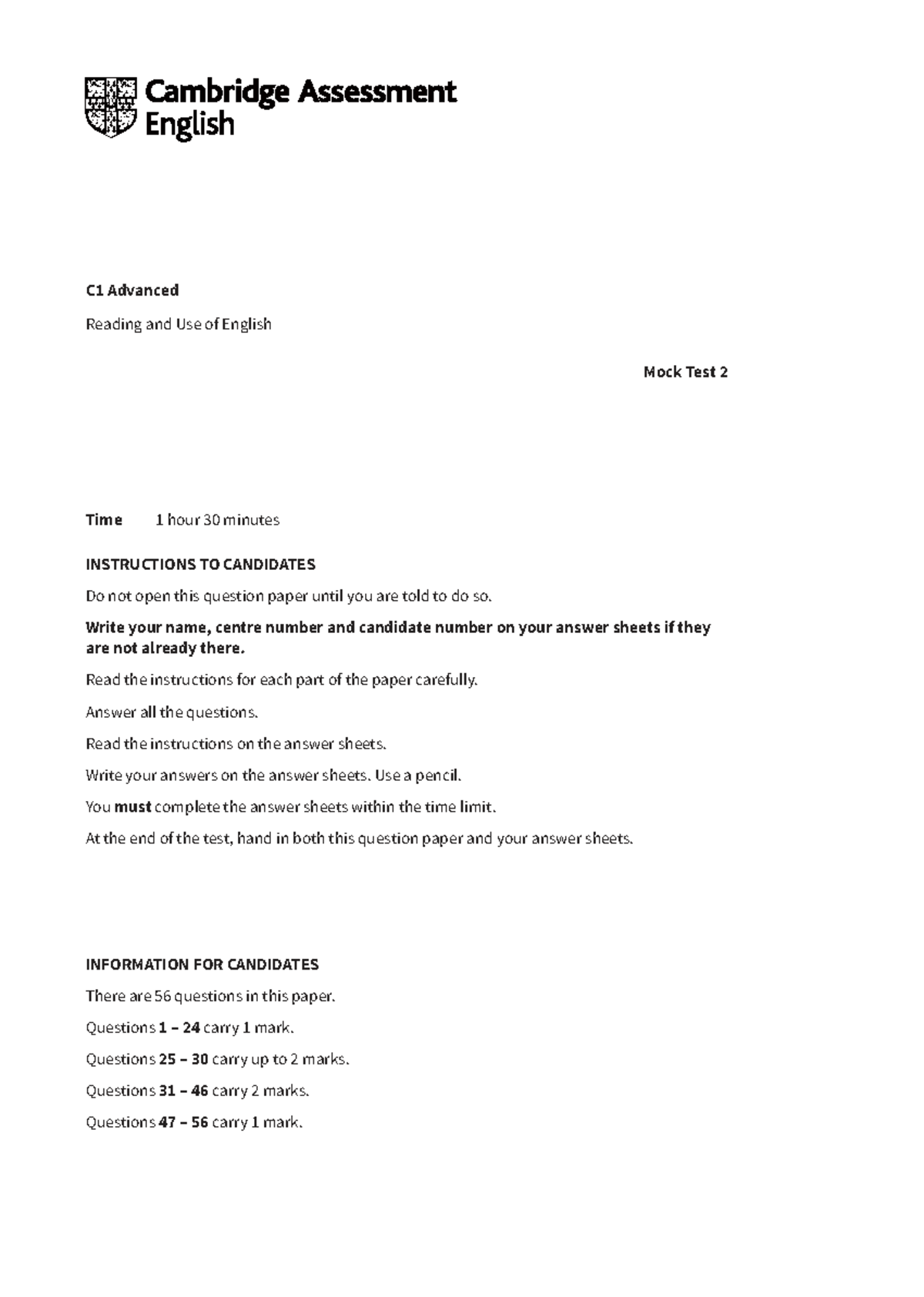 C1 Advanced Mock Test 2: Reading and Use of English Practice Paper ...