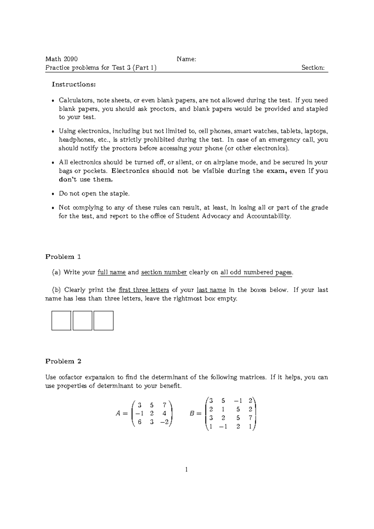 Math 2090 Test 3 Practice Problems: Determinants & Cramer's Rule - Studocu