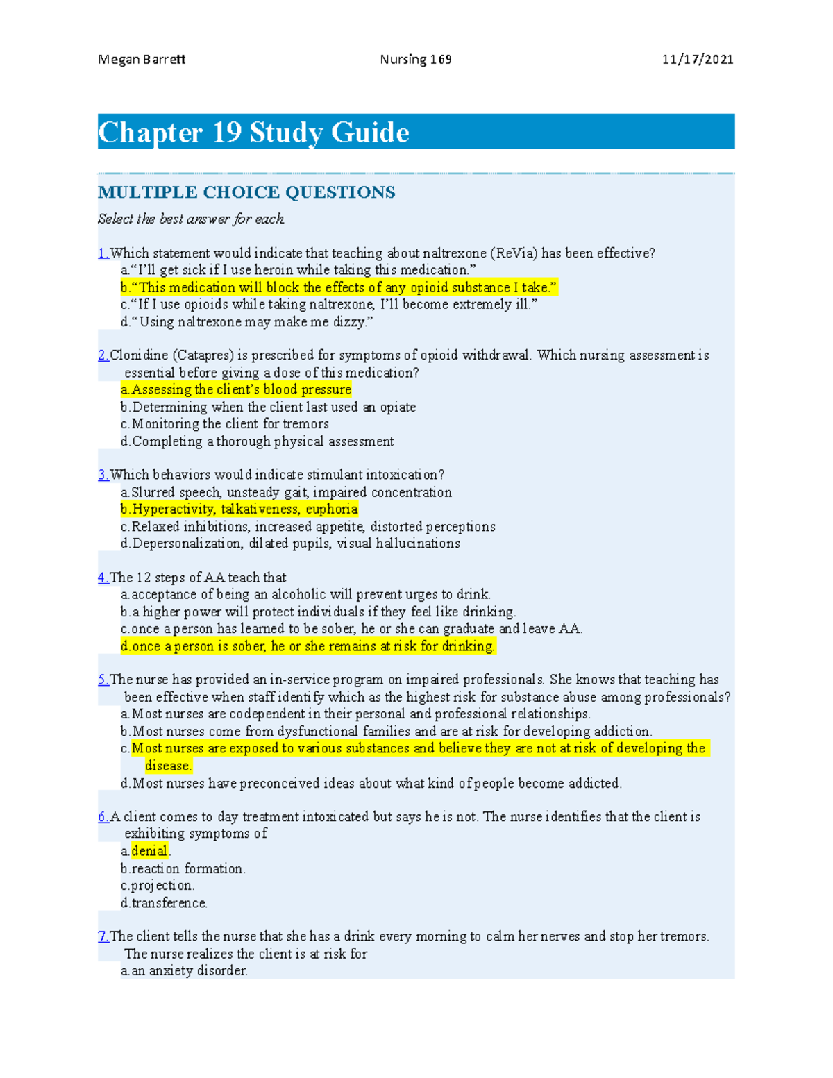 Study guide ch. 19-24 - Chapter 19 Study Guide MULTIPLE CHOICE ...