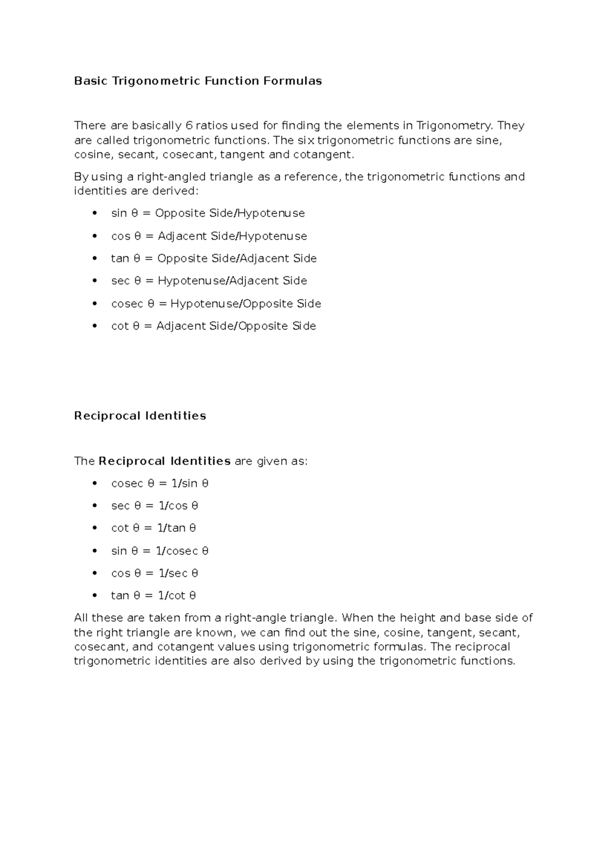 List of Trigonometric Functions and Formulas (MATH 101) - Studocu