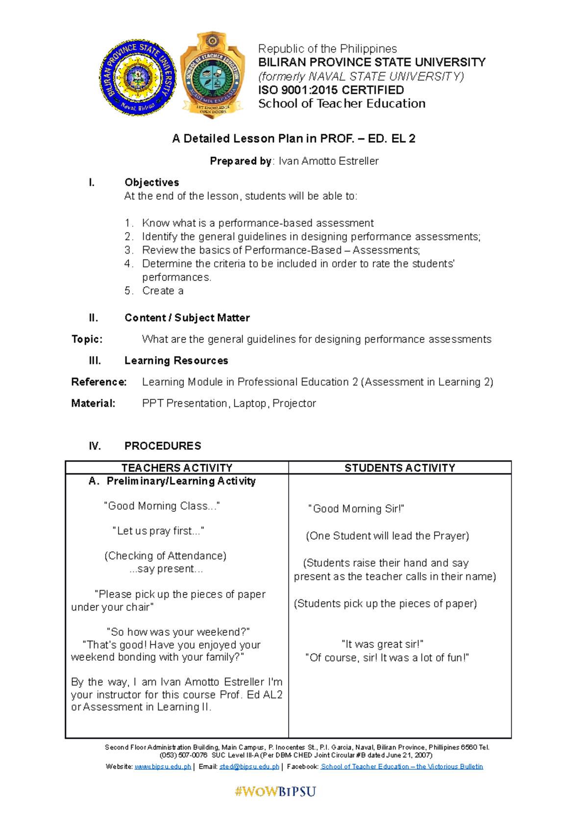 Detailed Lesson Plan on Performance-Based Assessment in ProfEd EL 2 ...