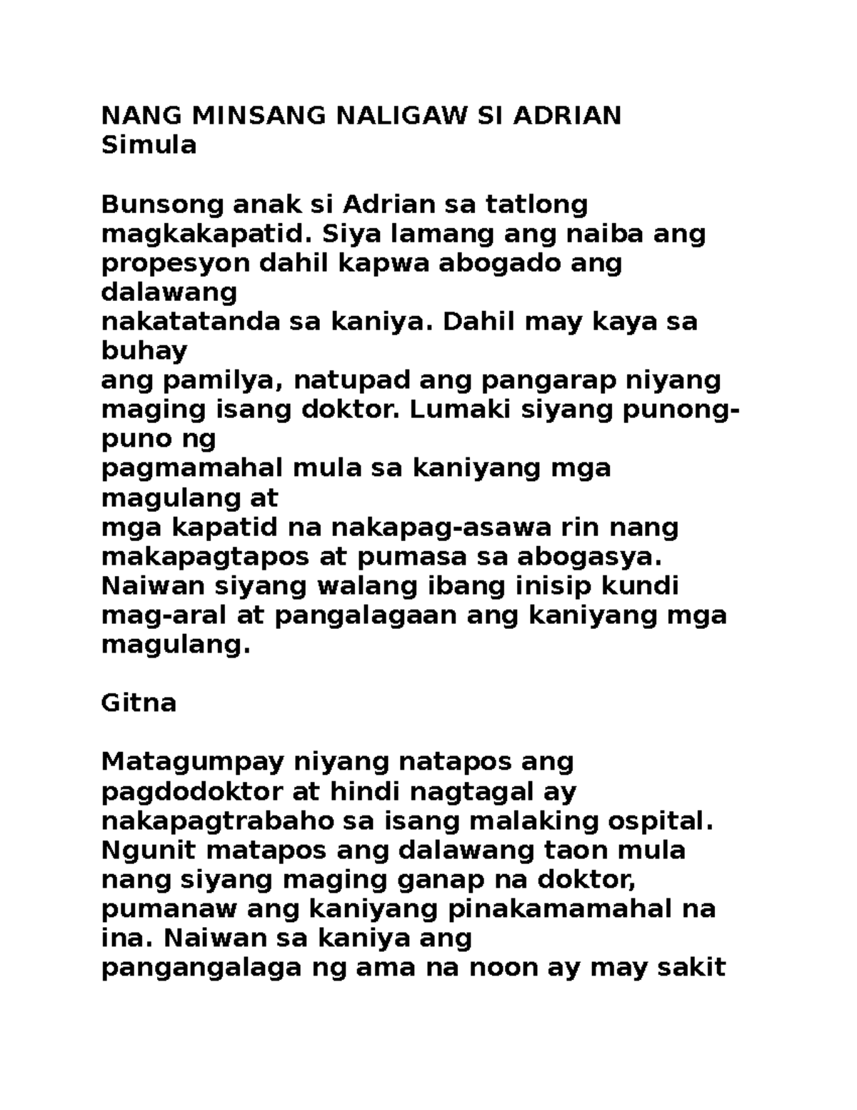Filipino 9 TA 1: Pagsusuri ng Maikling Kwento ni Adrian - Studocu