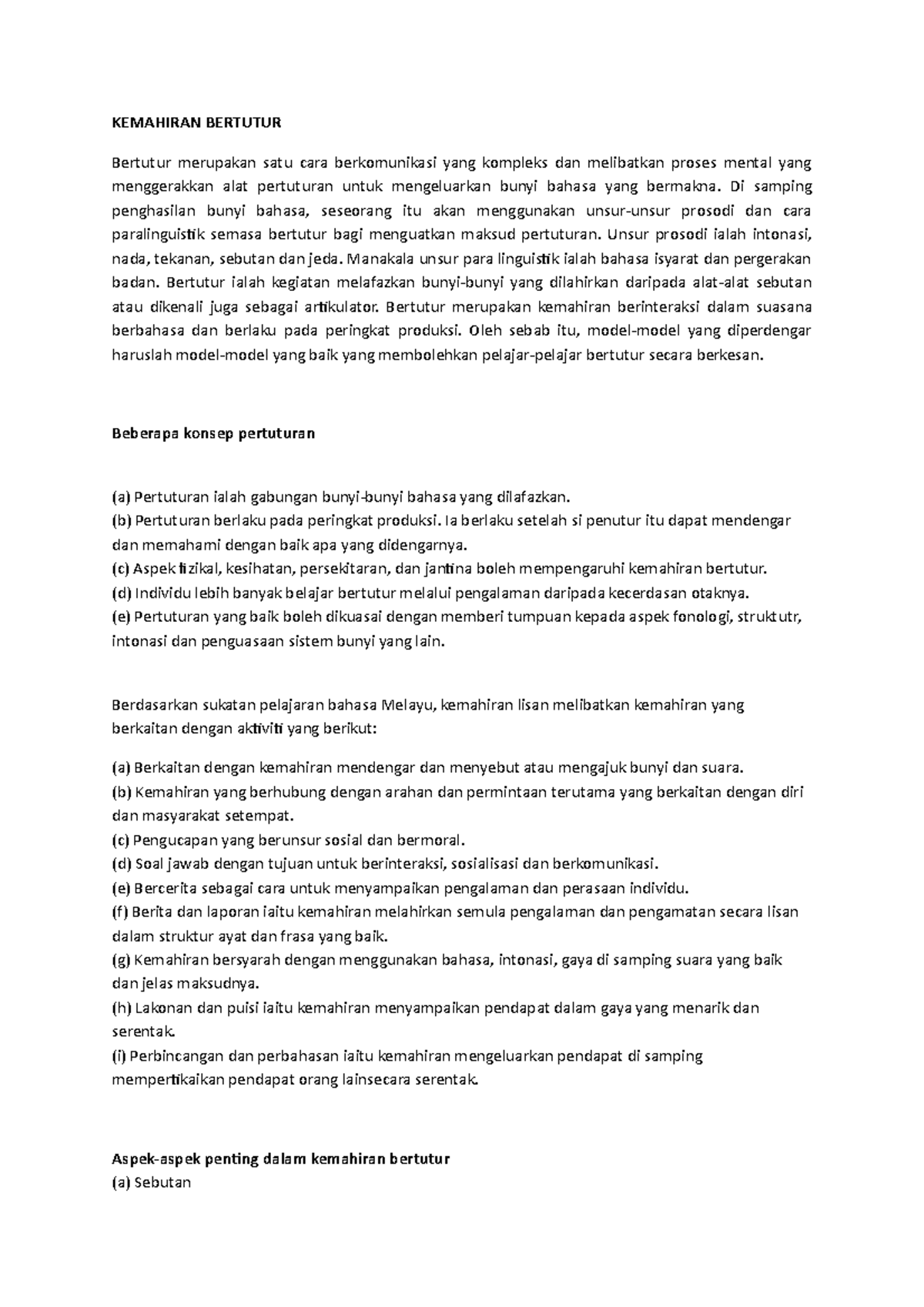 Kemahiran Bertutur - Nota Kuliah 2 yang Mencakup Aspek Penting - Studocu