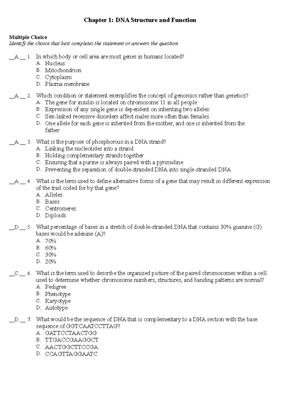 DNA Structure and Function Practice Questions - CH1 Review - Studocu