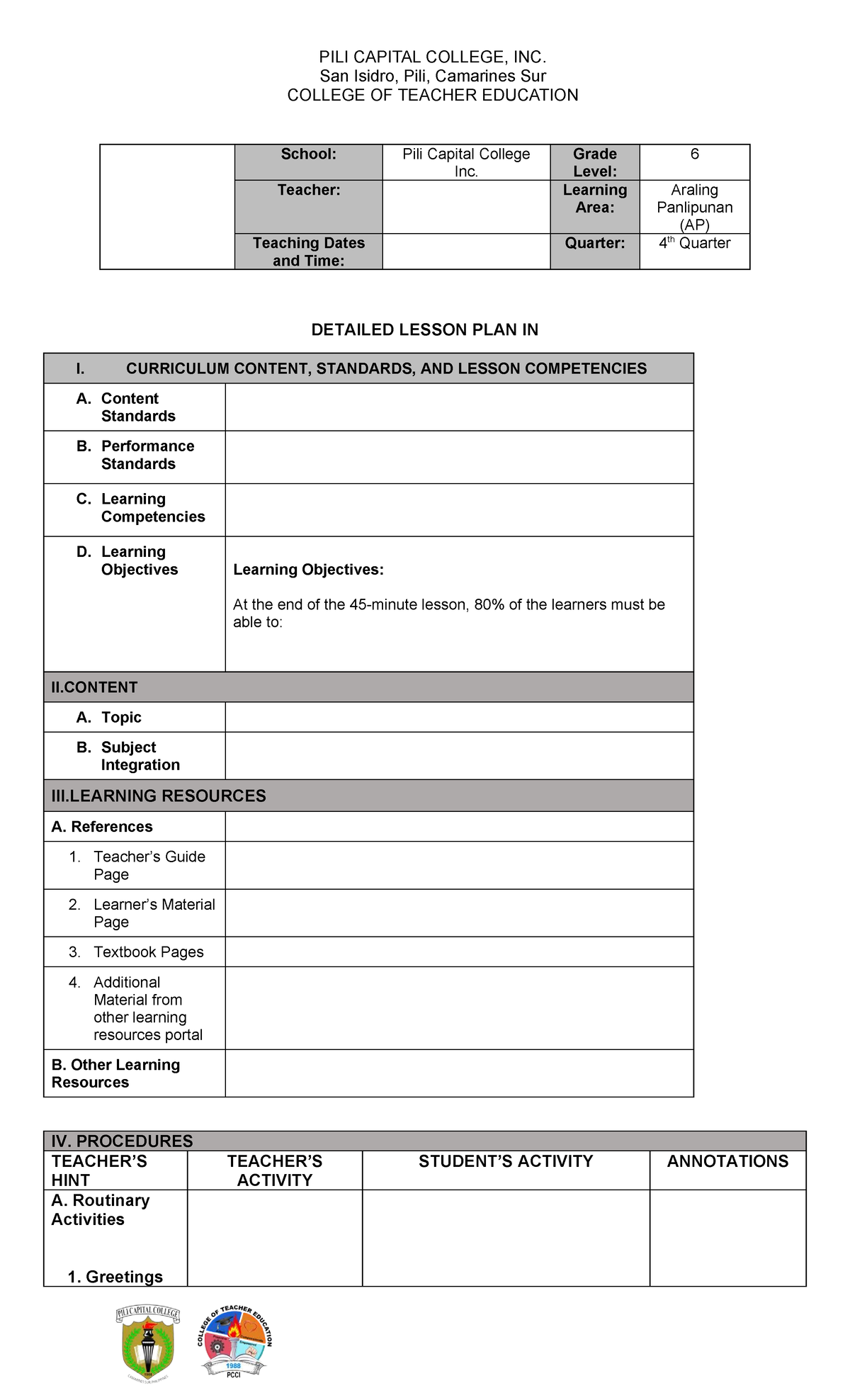 Detailed Lesson Plan Template for AP & Filipino - Pili Capital College ...
