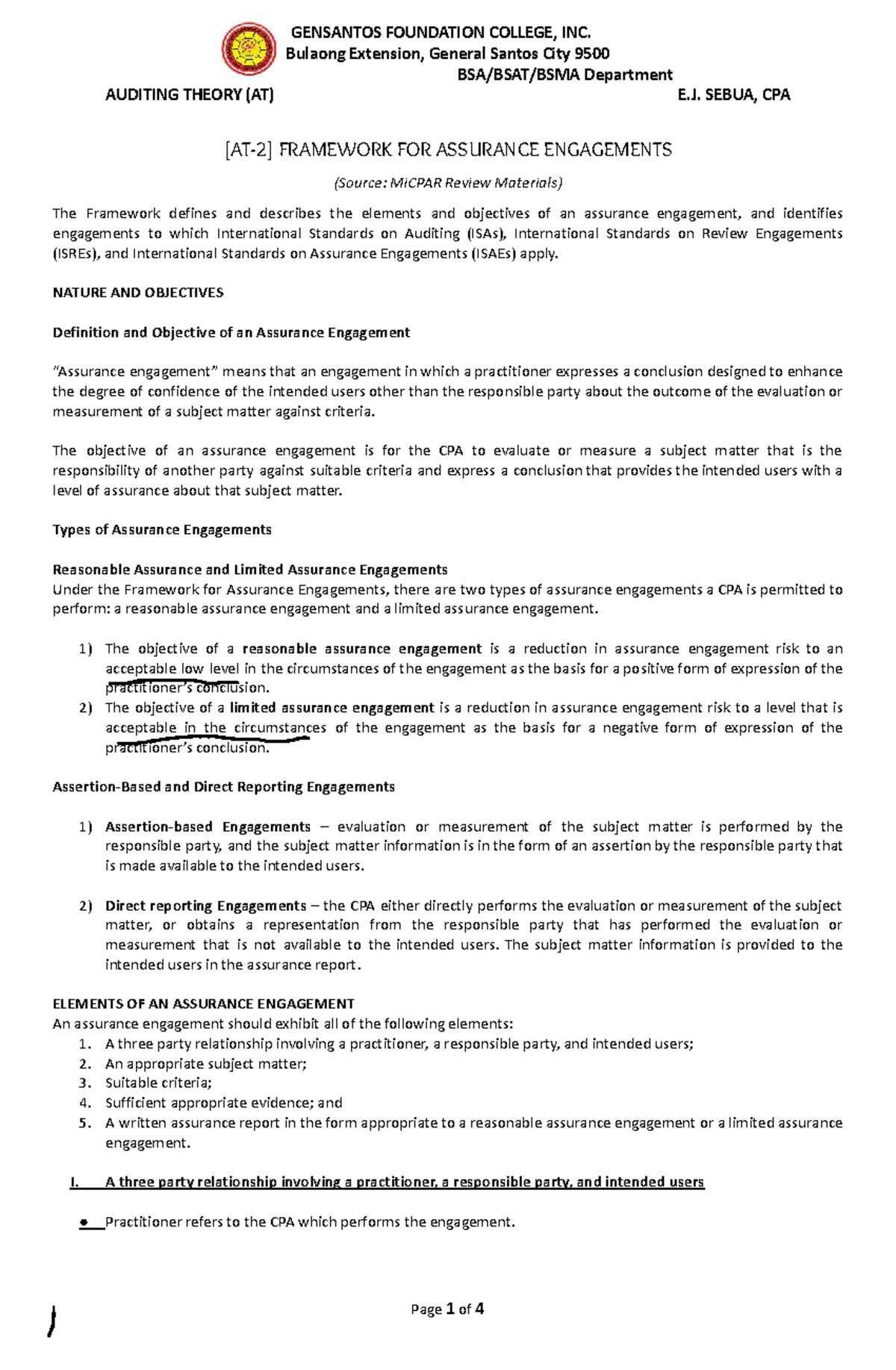 AT 2: Framework for Assurance Engagements in Auditing Theory - Studocu