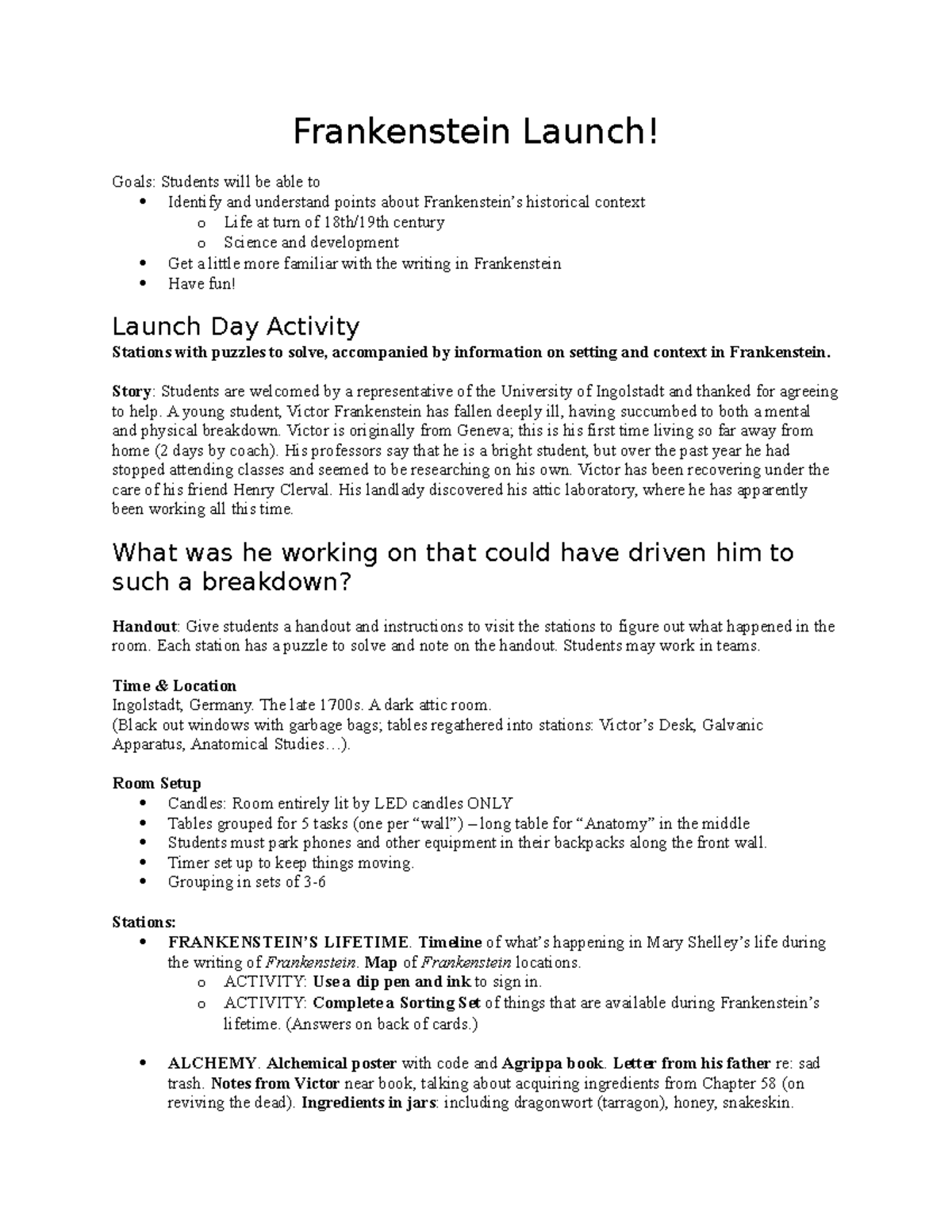 Frankenstein Course Activities: Engaging with Historical Context - Studocu