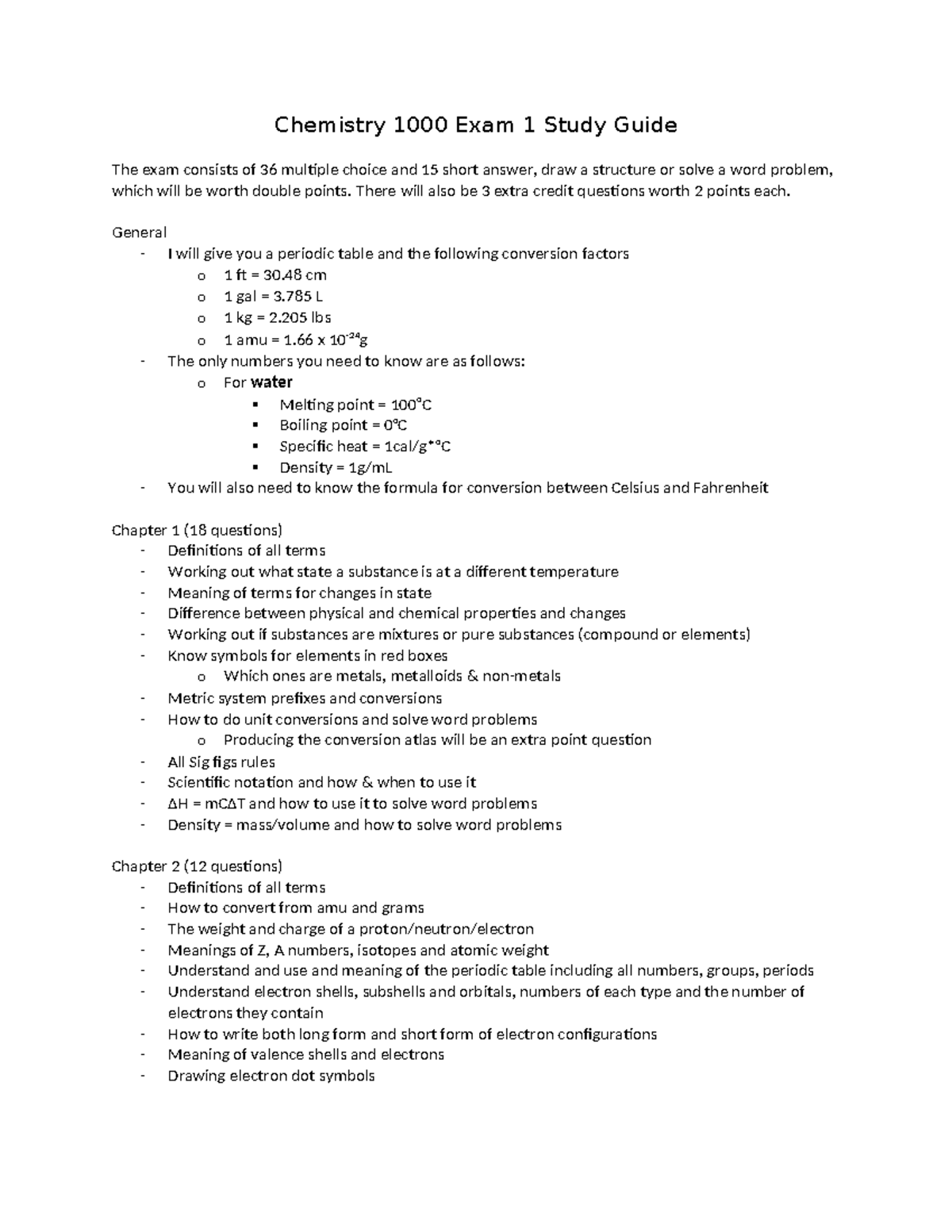 Chemistry 1000 Exam 1 Study Guide: Key Concepts & Problem Solving ...