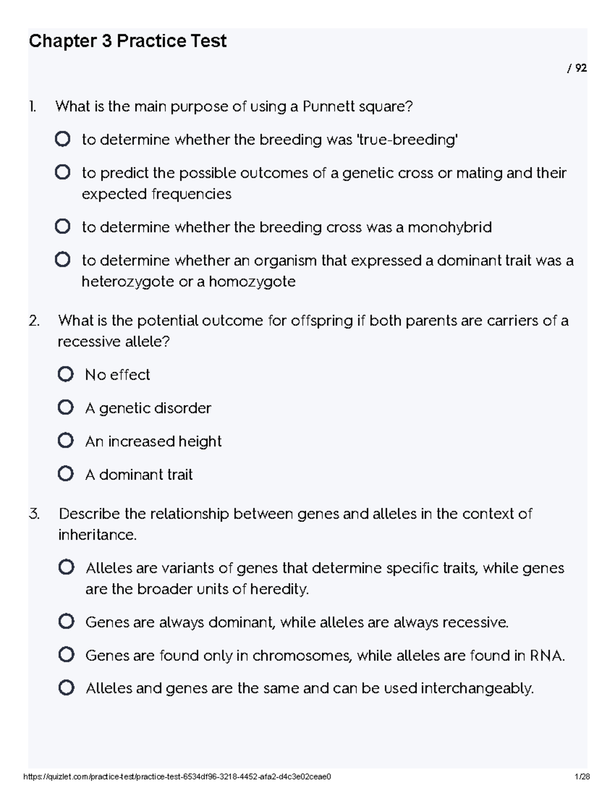 Mendelian Genetics Practice Test Review for Chapter 3 - Studocu