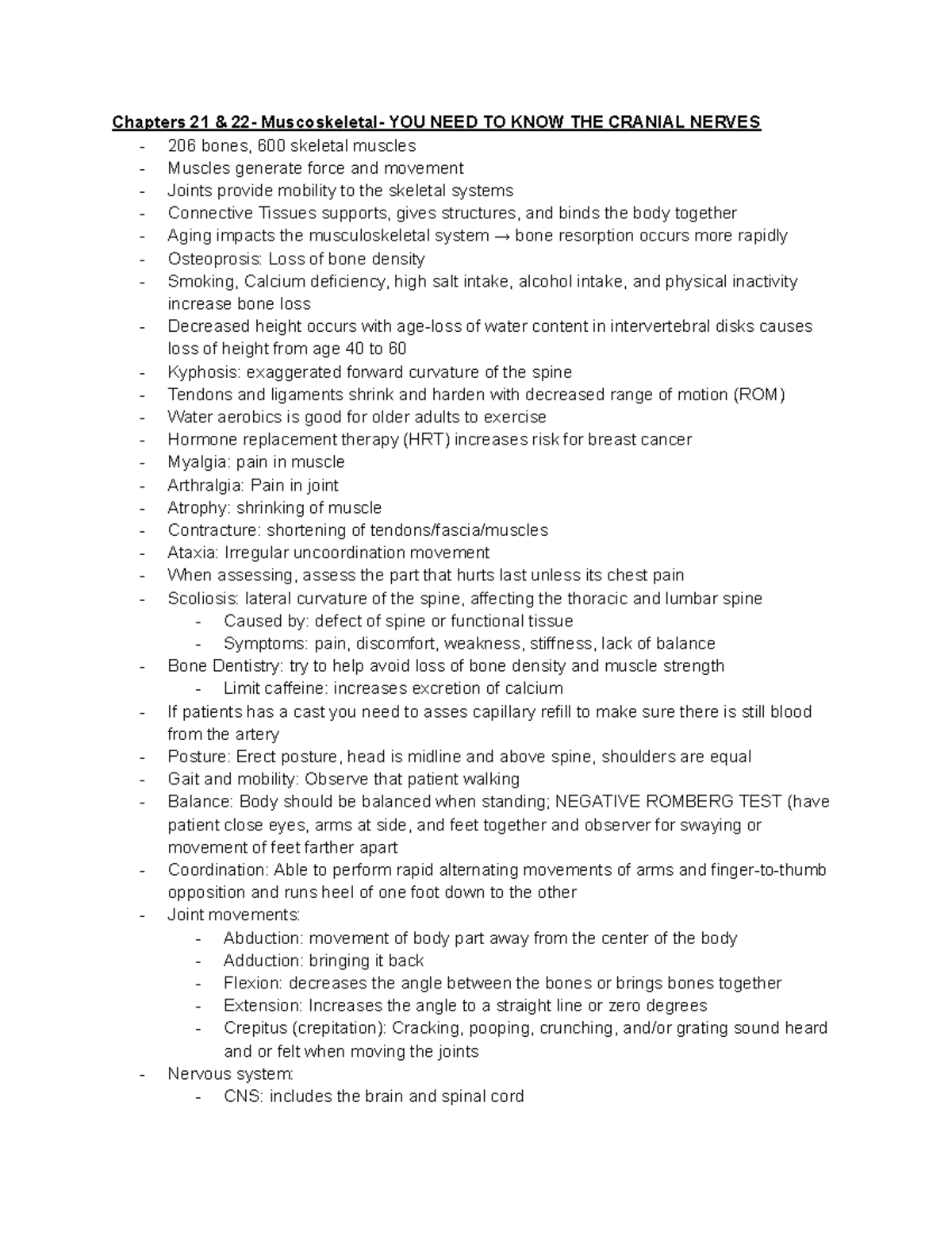 Health Assessment Exam 2 Notes: Chapters 16-22 on Musculoskeletal ...