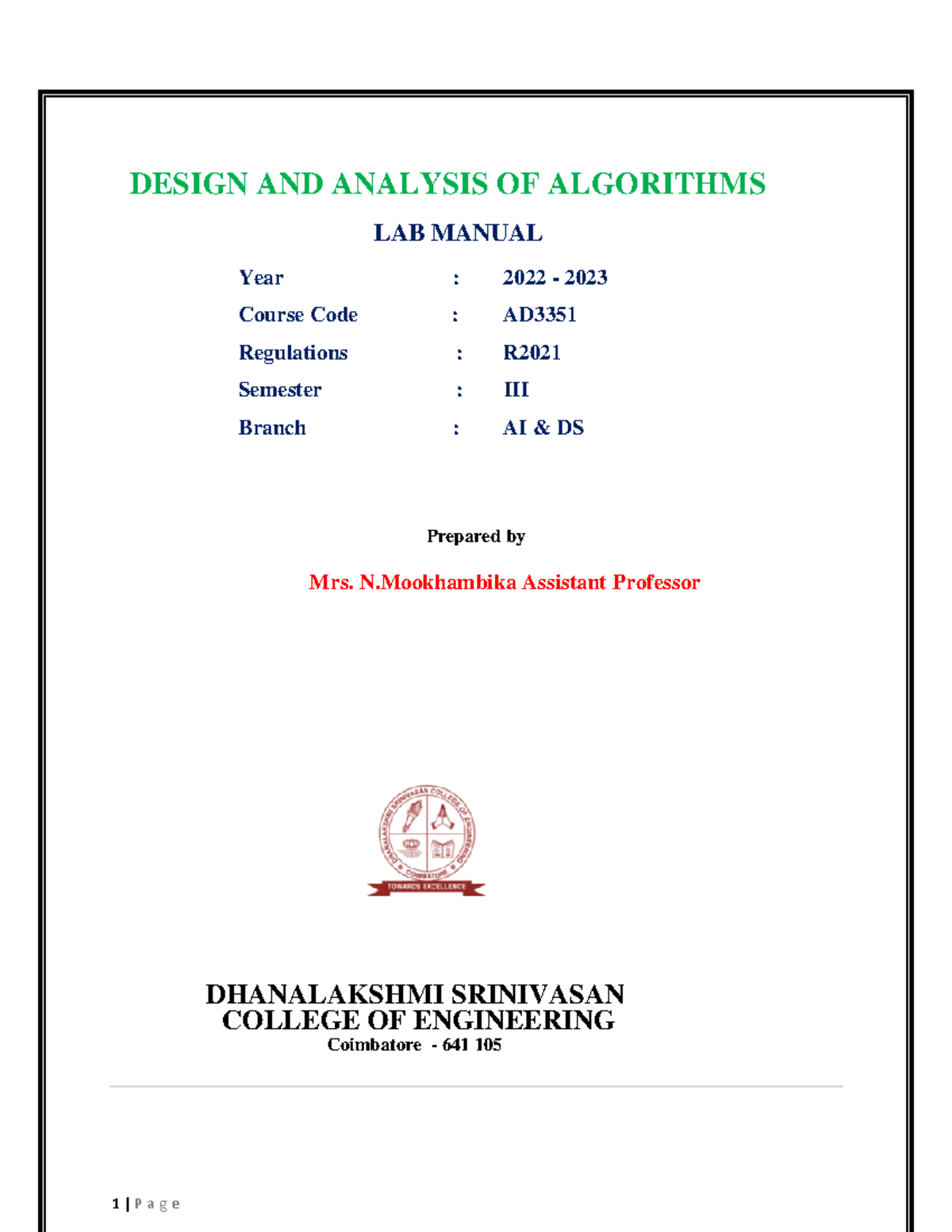 DAA LAB Manual (AD) - Final Report for AI & DS Semester III - Studocu
