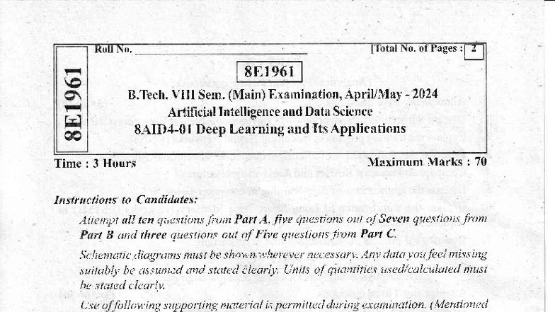 B.Tech. 8E1961 Deep Learning Exam Paper - AI & Data Science 2024 - Studocu