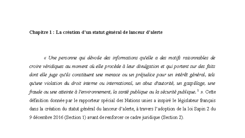 Chapitre 1 : Le Statut Général du Lanceur selon la Loi Sapin 2 - Studocu