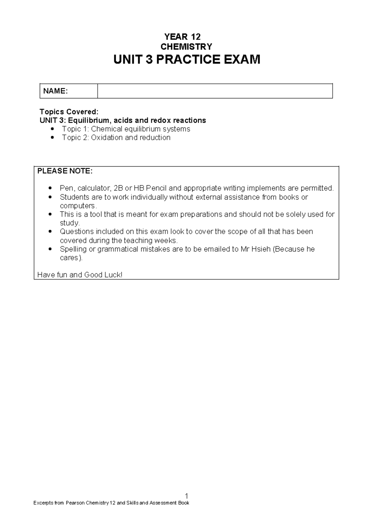 YEAR 12 CHEMISTRY UNIT 3 PRACTICE EXAM: Equilibrium, Acids & Redox ...
