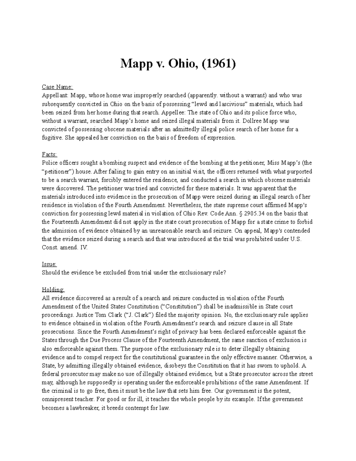 Mapp v. Ohio (1961) Case Brief: Fourth Amendment Analysis - Studocu