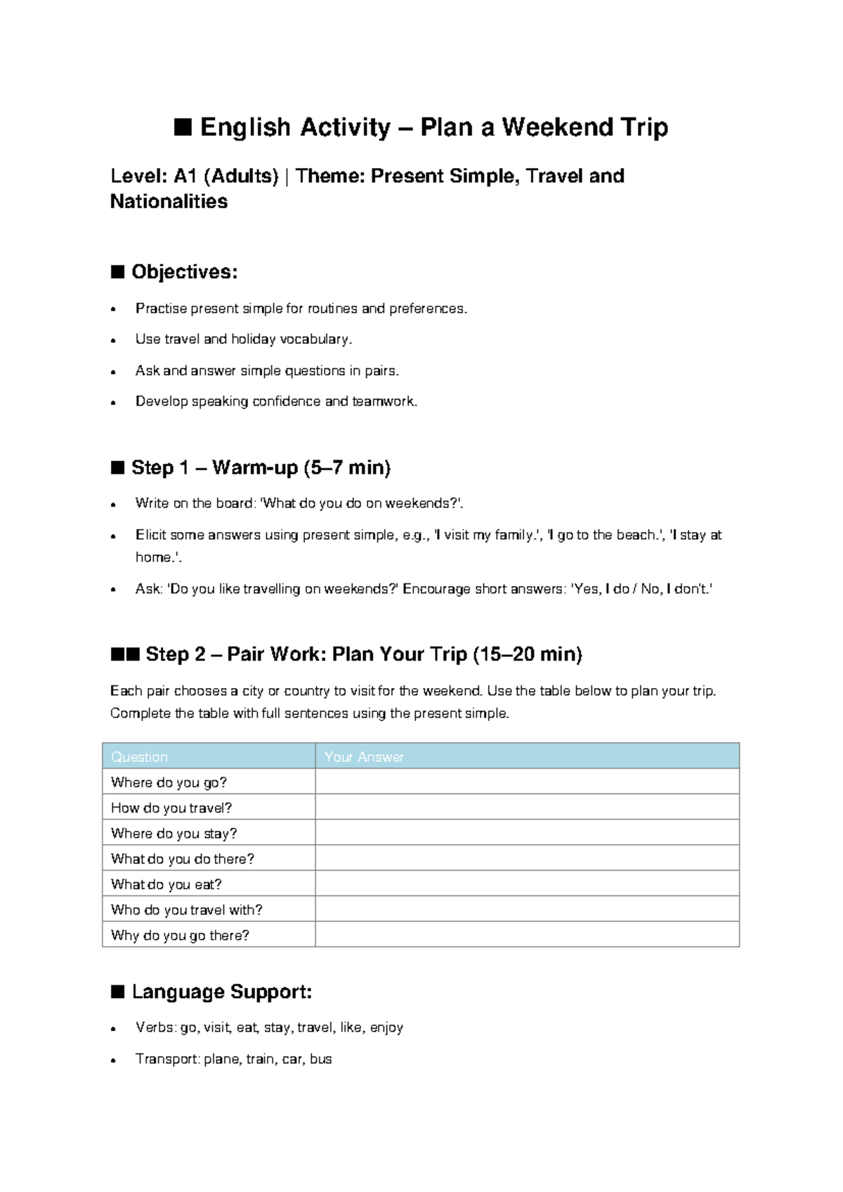 Plan a Weekend Trip A1 - Present Simple & Travel Activities - Studocu